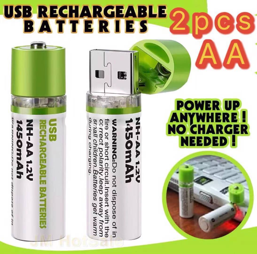2pcs AA USB Rechargeable Batteries 1450mAh No Charger Needed