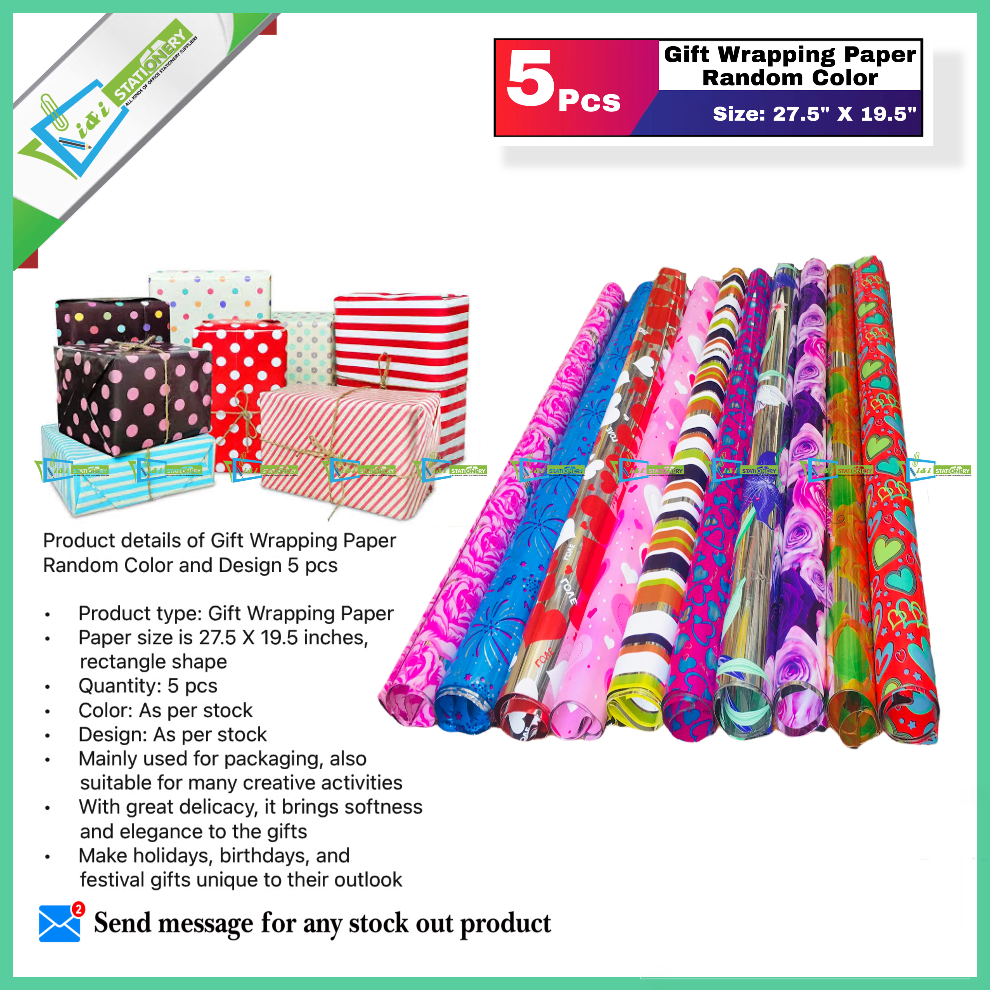 Gift Wrapping Paper 27.5 X 19.5 inches Random Color and Design 5 pcs