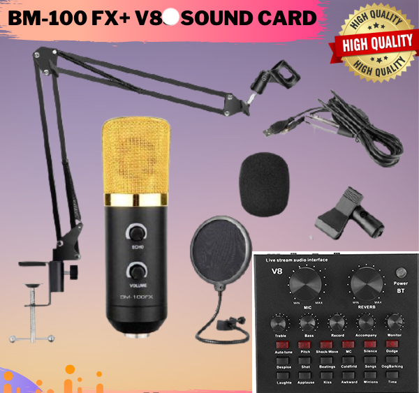 BM- 100 FX USB Powered Condenser Microphone + V8 Sound Card with Noise ...