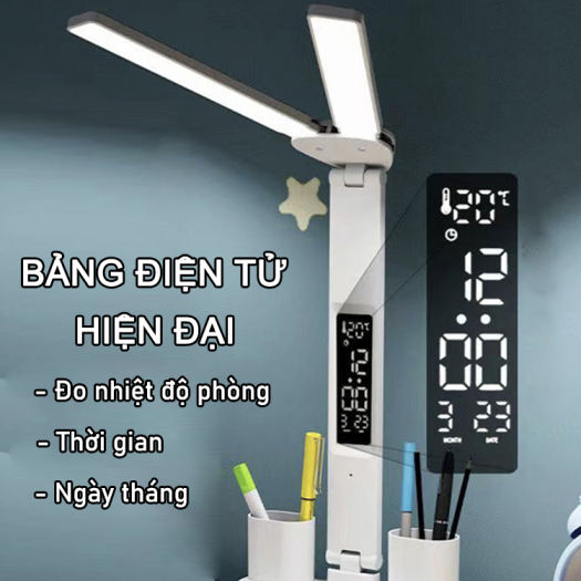 Đèn học chống cận, tích điện 3 màu, màn hình LED thông minh, ngăn bút ...