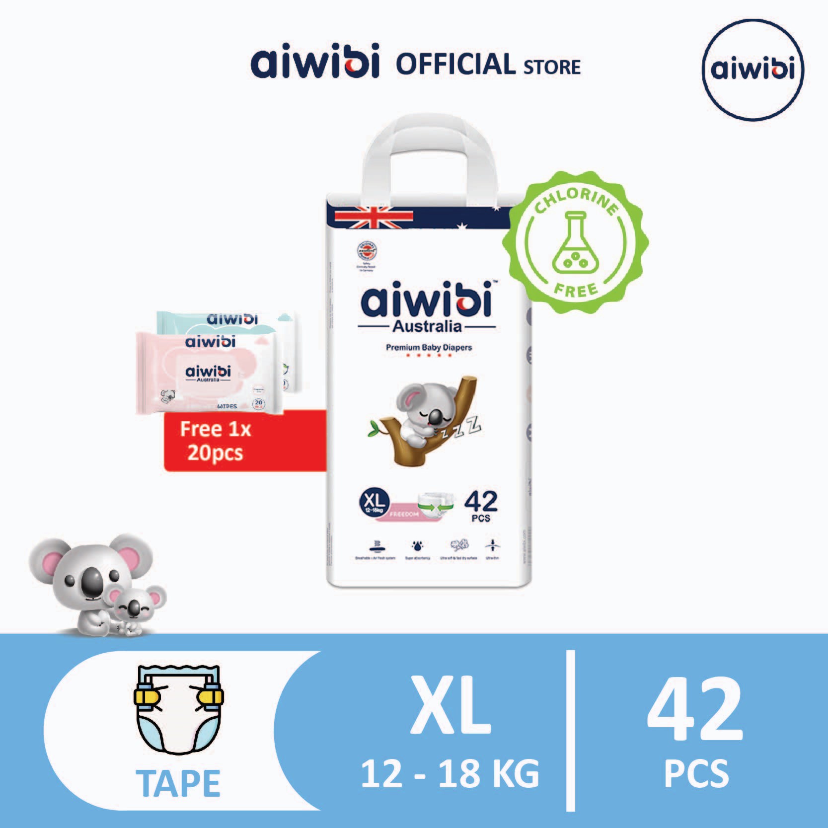 Aiwibi Premium Tape Diaper 02 - NB / S / M / L / XL (Single Pack)