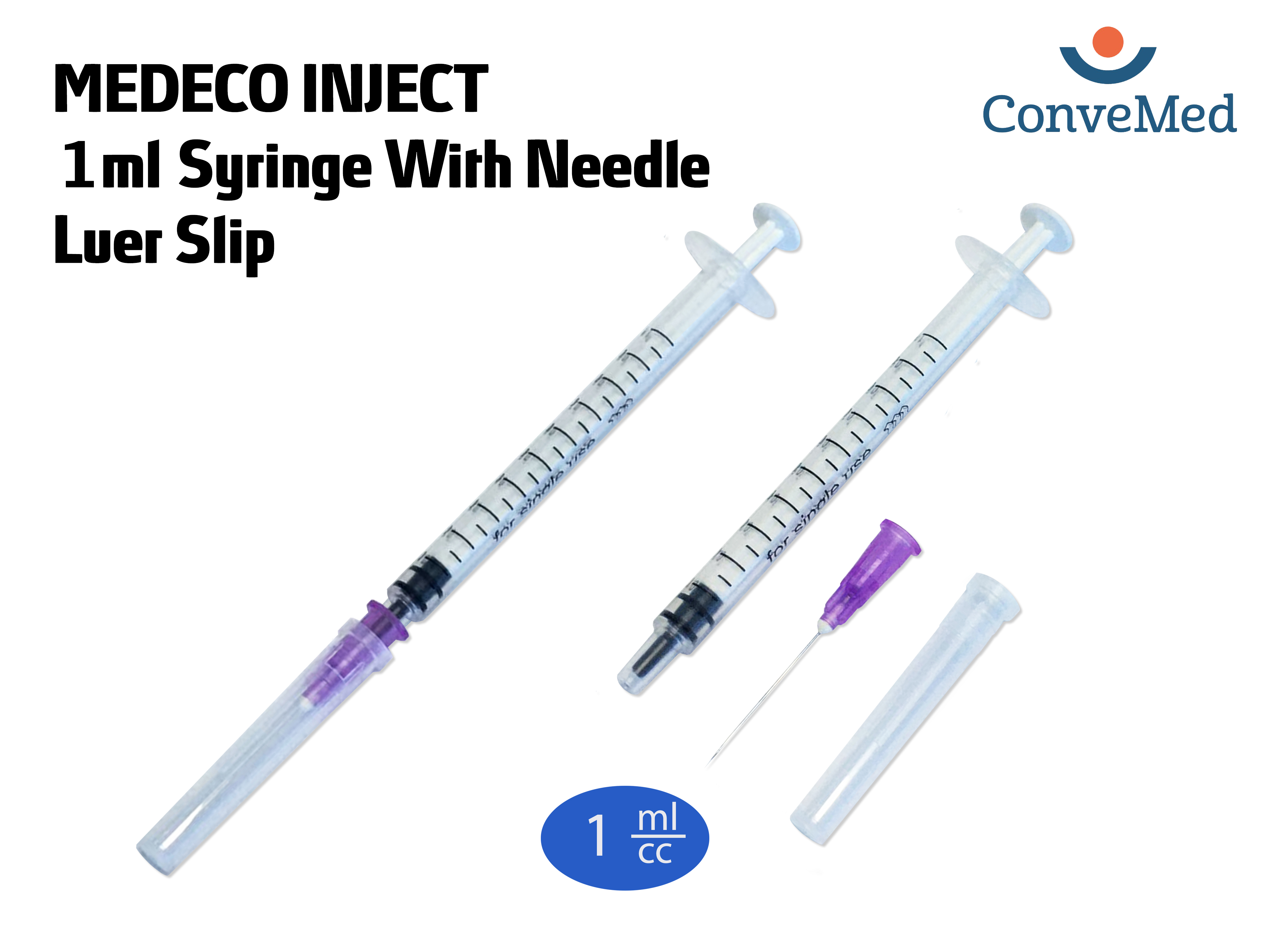 MEDECO INJECT Single Use Syringe 1ml with Needle 24G X 1" Luer Slip