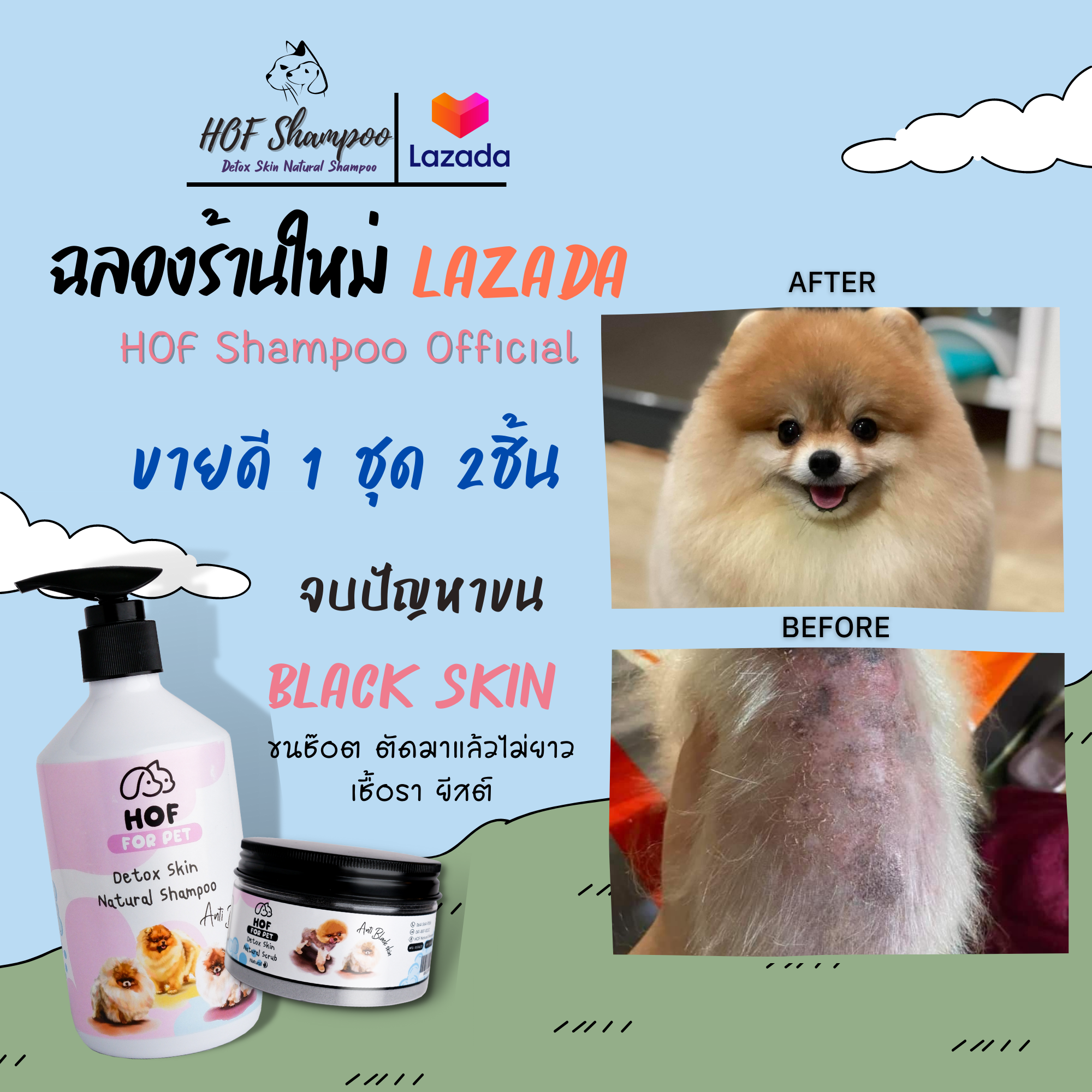 5.15 ลดเยอะมาก HOF Shampoo 1set แชมพูสุนัขสำหรับโรค Black Skinช่วยเร่ง ...