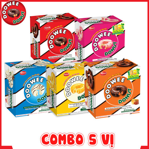 Bánh Doowee Donut - Combo 5 hộp: Socola, Socola Trắng, Socola Cam, Phô ...