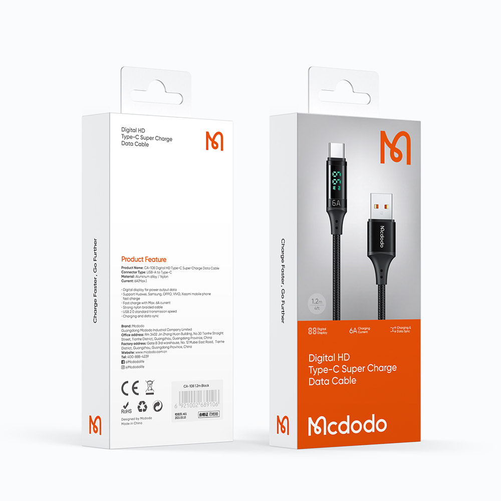 mcdodo 66W Digital Display Type C Braided Fast Charging Cable 1M Black